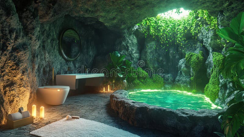 Luxurious Cave Bathroom with Waterfall and Lush Greenery Stock Image ...