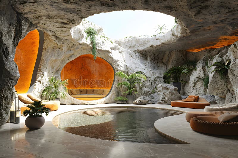 Luxurious Cave-Inspired Hotel Lounge with Natural Light and Modern ...