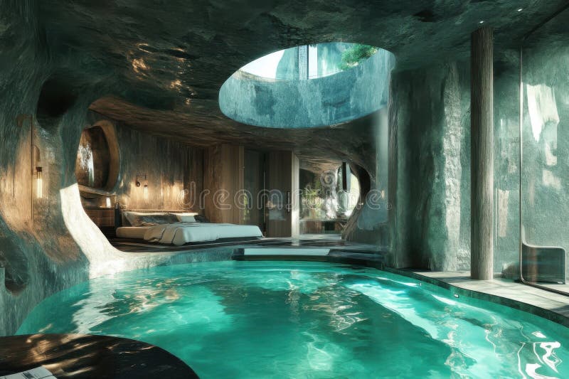 Luxurious Cave-Inspired Villa with Indoor Pool Stock Photo - Image of ...