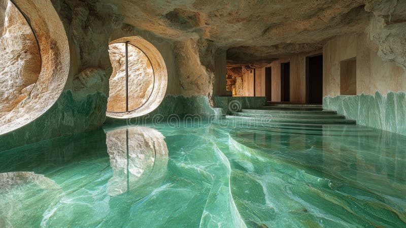 Luxurious Cave Pool with Natural Stone and Circular Windows Stock Image ...