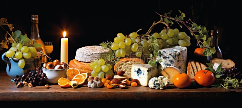 A Luxurious Cheese and Fruit Platter with Grapes, Oranges, and Nuts on ...