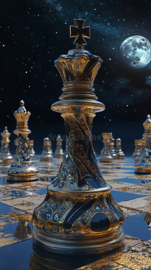Luxurious Chess King on a Golden Chessboard Under Moonlit Night Sky ...
