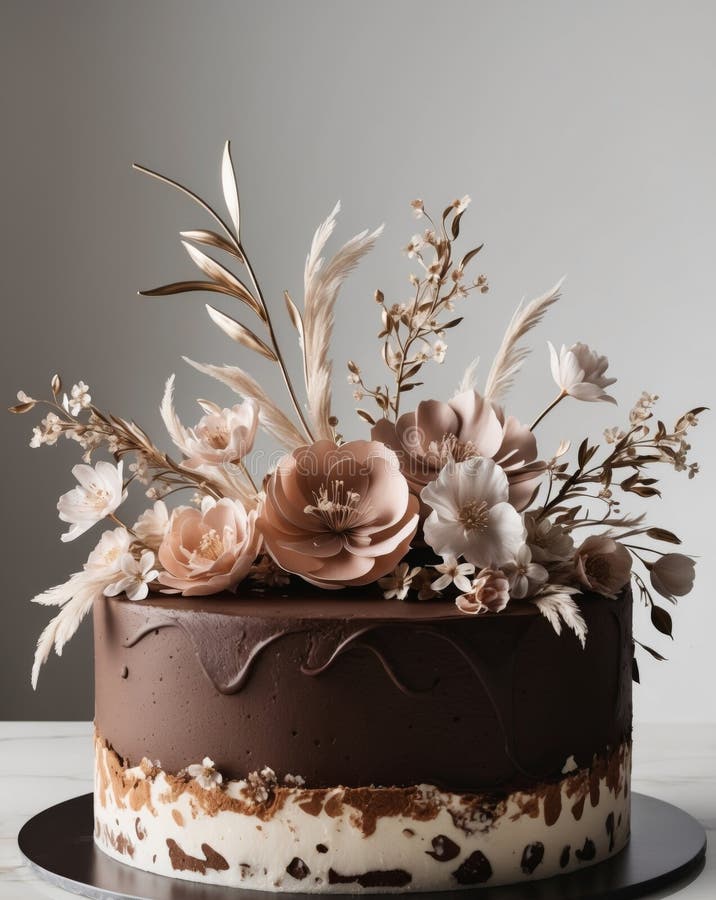 Luxurious Chocolate Cake with Floral Decorations. Stock Photo - Image ...
