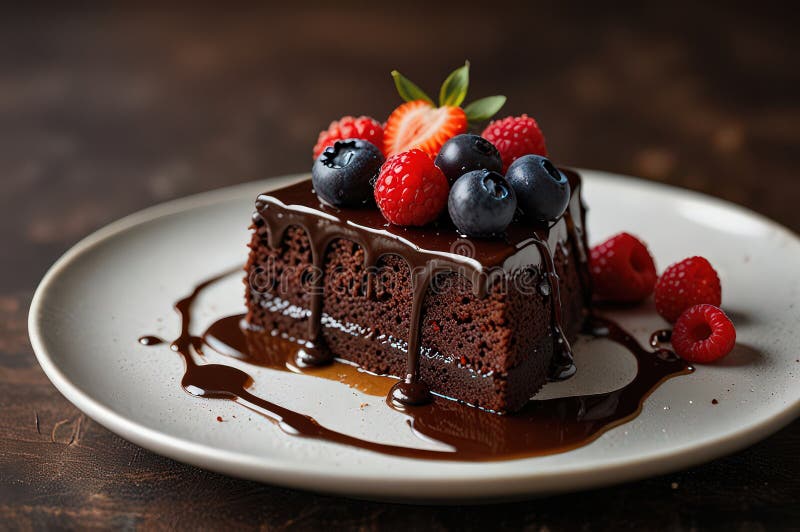 Luxurious Chocolate Cake Slice with Berries and Glossy Drizzle Gourmet ...