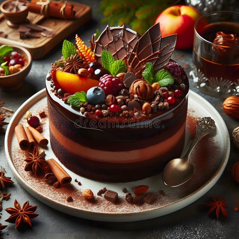 Luxurious Chocolate Layer Cake with Artistic Decorations Stock ...