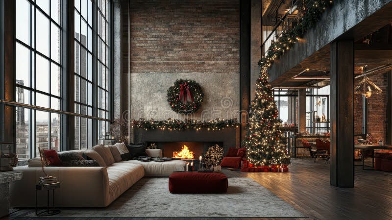 Luxurious Christmas Interior in a Modern Loft Style. Stock Illustration - Illustration of solid ...