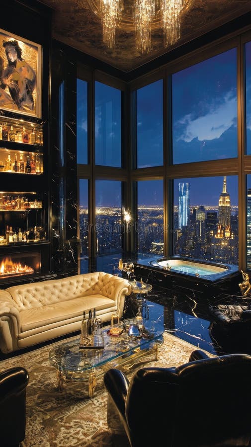 Luxurious City View Lounge with Leather Sofa and Jacuzzi at Night Stock ...