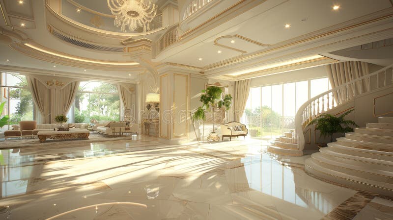 Luxurious Classic Hall with Marble Flooring, Sunlit Windows, and Grand ...