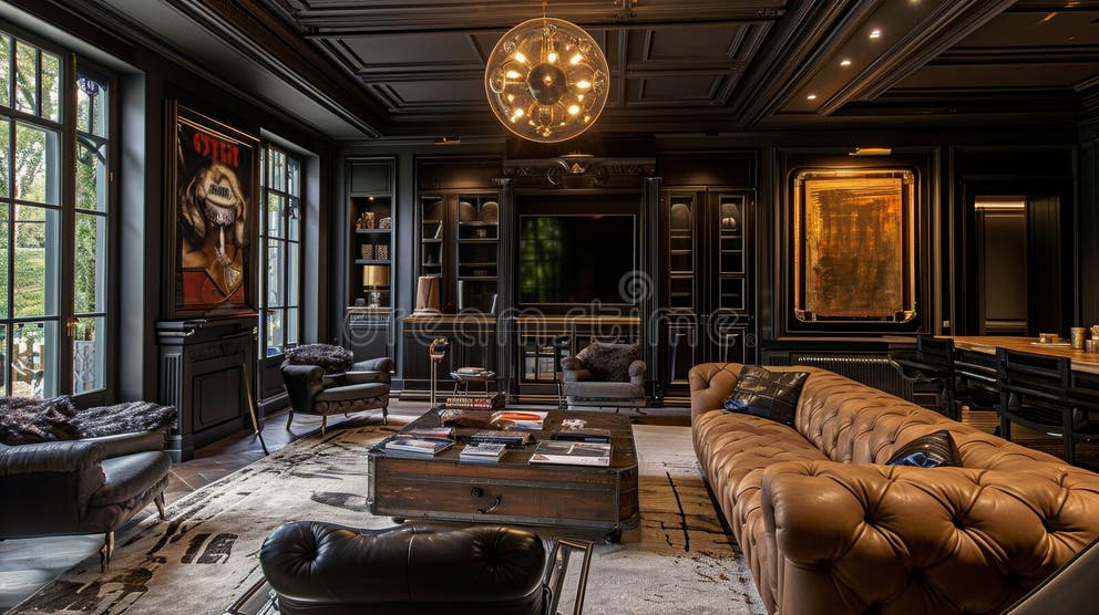 Luxurious Classic Library with Leather Sofas, Bookcases, and an Ornate ...