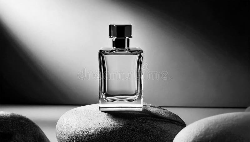 A Luxurious Clear Glass Perfume Bottle Placed on a Round Stone with ...