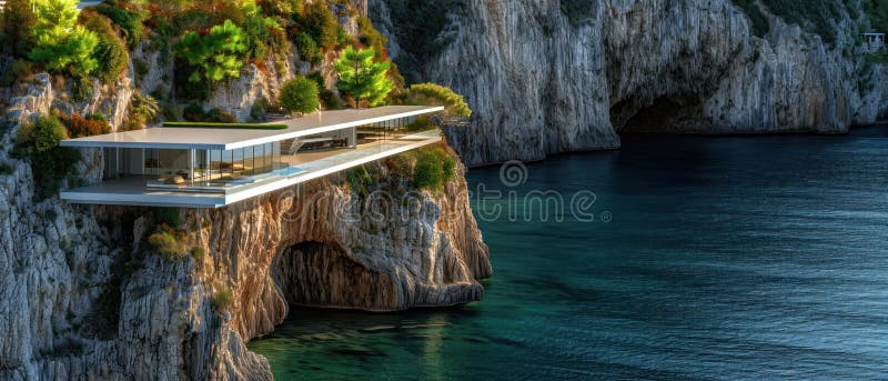 Luxurious Cliffside Home with Panoramic Ocean Views at Sunset Stock ...