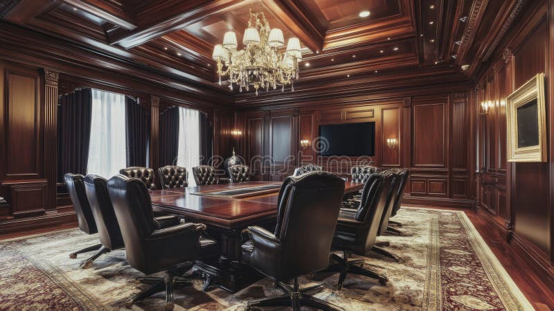 A Luxurious Conference Room with Dark Wood Paneling and a Large Table ...