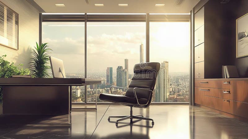 Modern Office Interior with Cityscape View at Sunset Stock Video ...