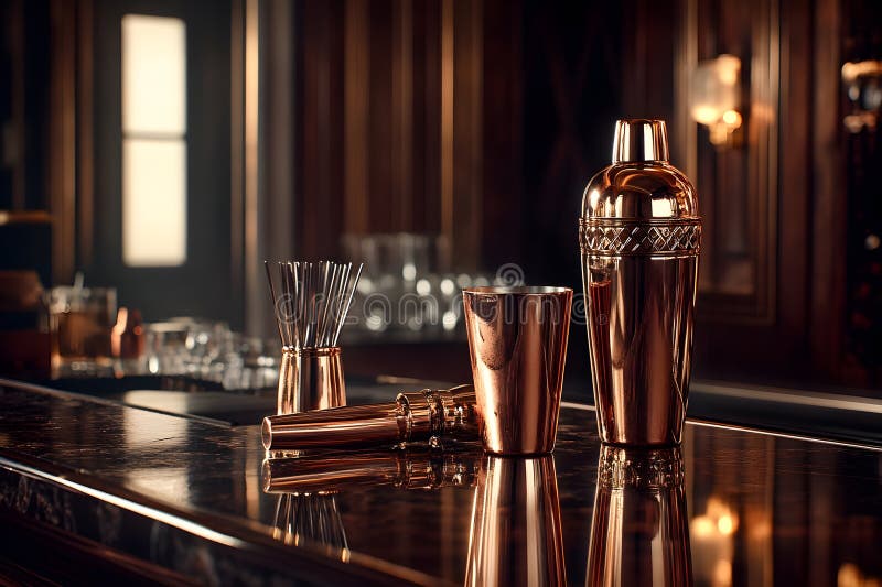 Luxurious Copper Cocktail Shaker Set on Elegant Bar Counter in Dim ...