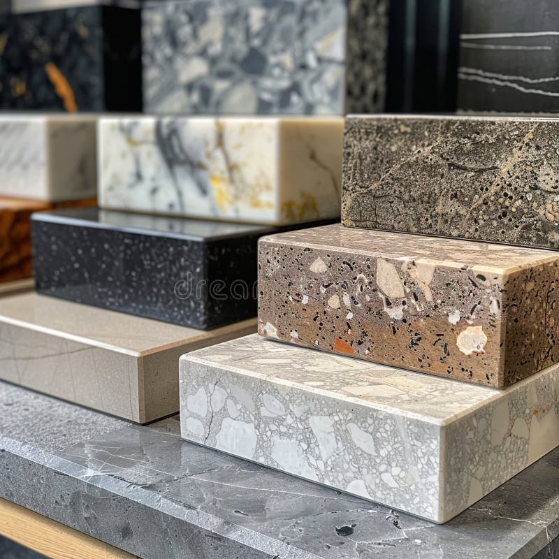 Luxurious Countertop Materials on Display, Including Granite, Marble ...