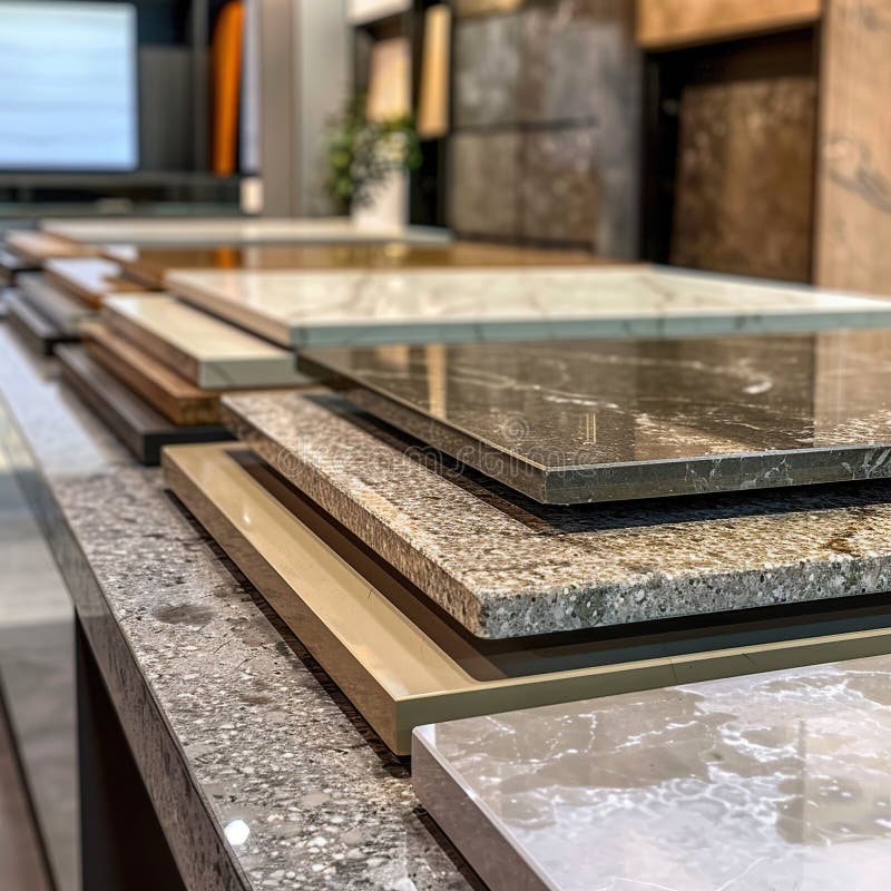 Luxurious Countertop Materials on Display, Including Granite, Marble ...
