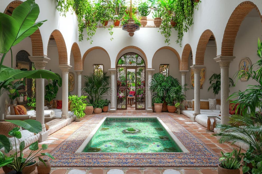 Luxurious Courtyard with Green Plants and Pool Stock Illustration ...