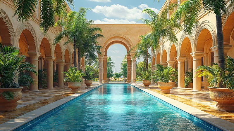 Luxurious Courtyard with Long Pool, Arches, Palm Trees, and Ornate ...