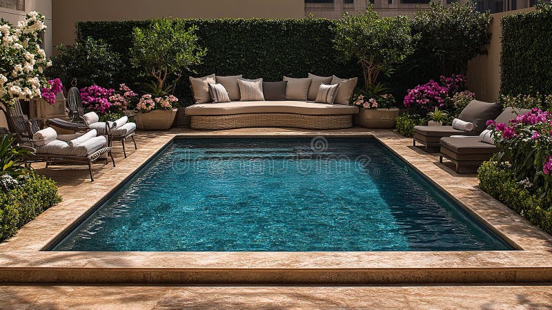 Luxurious Courtyard Pool with Lounge Seating and Lush Landscaping Stock ...