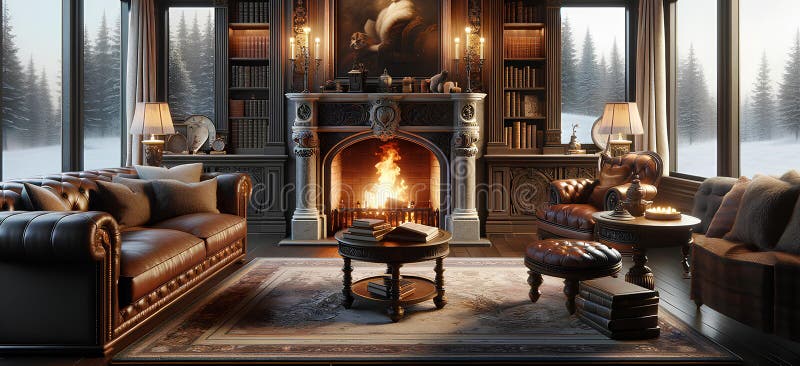 A Luxurious and Cozy Cottage Interior with a Burning Fireplace Stock ...