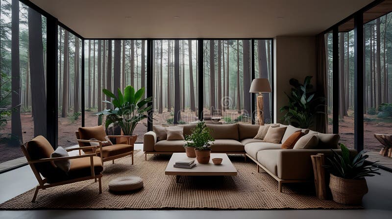 A Luxurious yet Cozy Living Room in a Forest. Stock Illustration ...