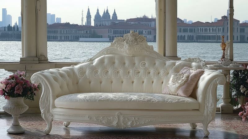 Luxurious Cream Sofa with Ornate Details, Overlooking a Cityscape Stock ...