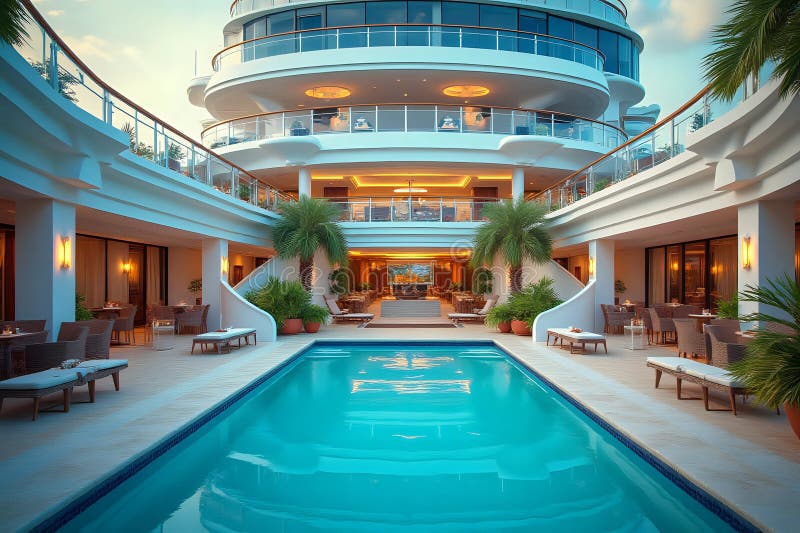 A Luxurious Cruise Ship with Modern Interior, Swimming Pool and Cafe ...
