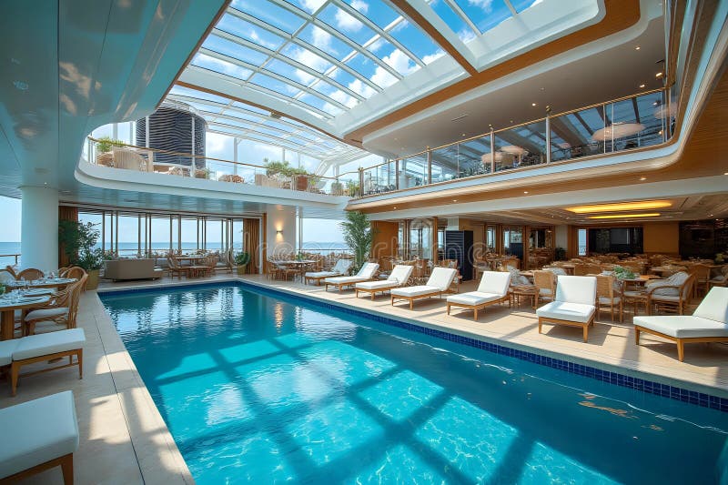 A Luxurious Cruise Ship with Modern Interior, Swimming Pool and Cafe ...