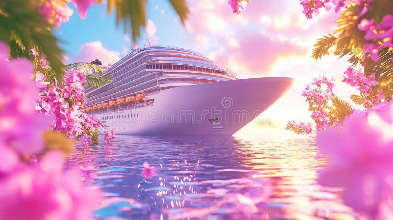 Luxurious Cruise Ship Surrounded by Tropical Flowers at Sunset on ...