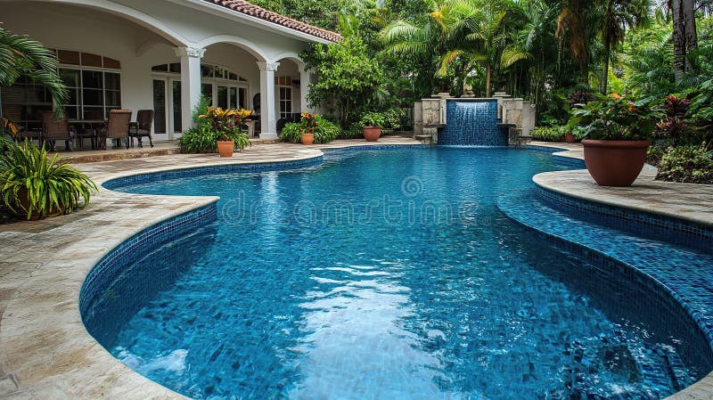 Luxurious Curved Pool with Waterfall Feature at a Tropical Home Stock ...