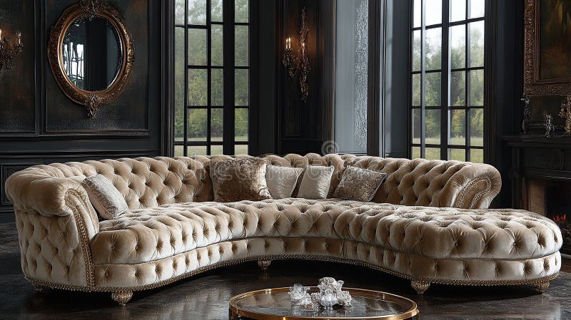 Luxurious Curved Sectional Sofa in a Classic Living Room Setting Stock ...