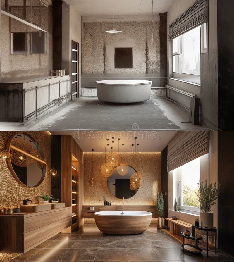 Before and after of Custom Bathroom Upgrade Interior Construction - Generative AI Stock Image ...