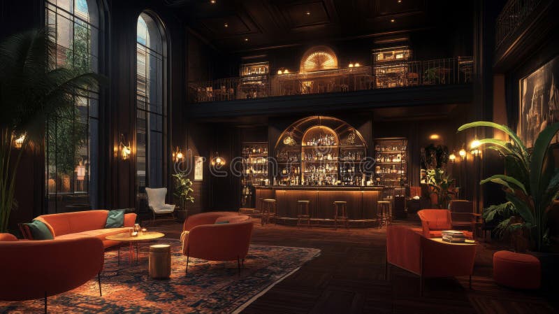 Luxurious Dark Bar Lounge Interior with Gold Accents Stock Illustration ...