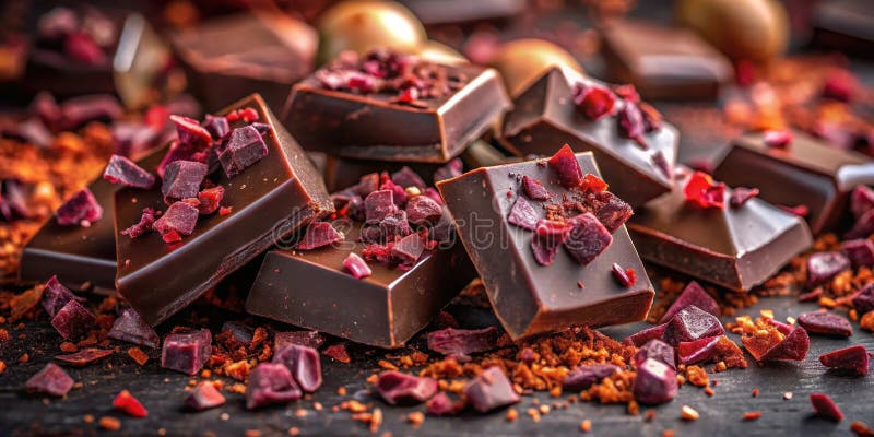 Luxurious Dark Chocolate Squares Topped with Ruby-colored Candied Fruit ...