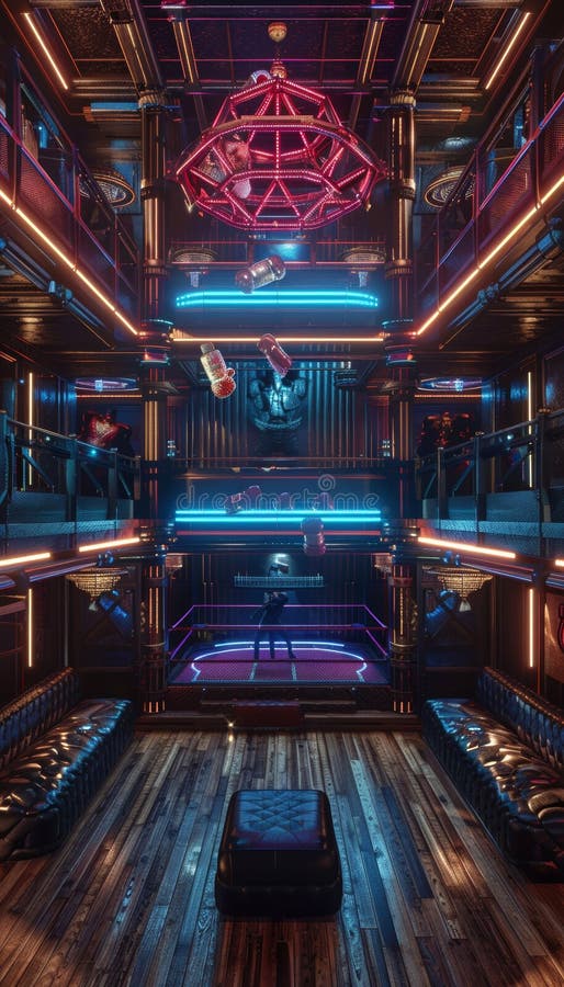 Luxurious Dark Cyberpunk Speakeasy with Boxing Ring Below in Realistic ...