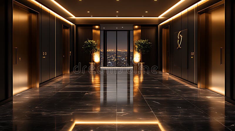 Luxurious Dark Elevator Lobby with City View at Night Stock ...