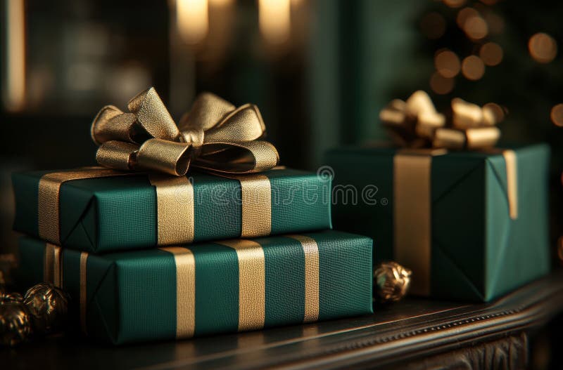 Luxurious Dark Green Gift Boxes with Gold Satin Ribbons and Bows ...