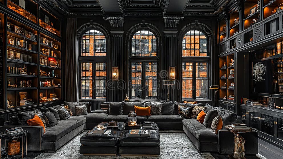 Luxurious Dark Library Interior, City View, Relaxation Stock ...