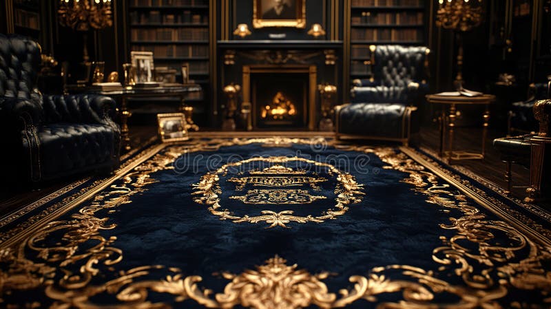 Luxurious Dark Library Study Room with Ornate Carpet Stock Image ...
