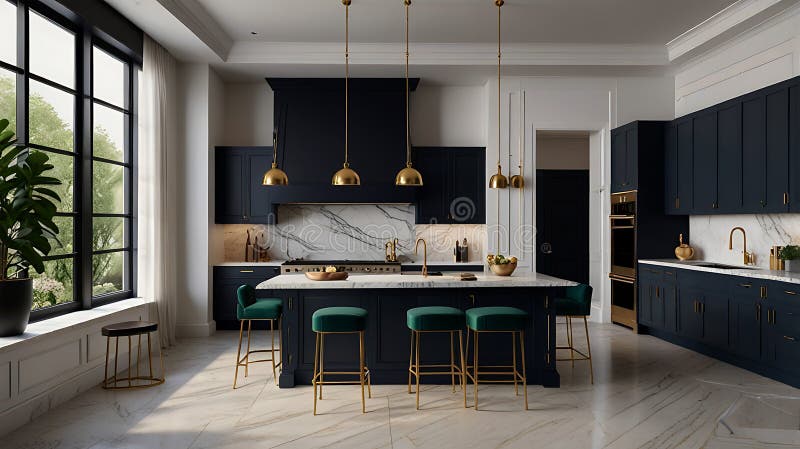 Luxurious Dark Navy Kitchen with Gold Accents and Emerald Bar Stools ...