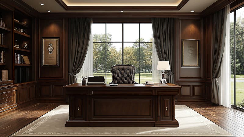 Luxurious, Dark Wood Study with Large Windows Stock Illustration ...