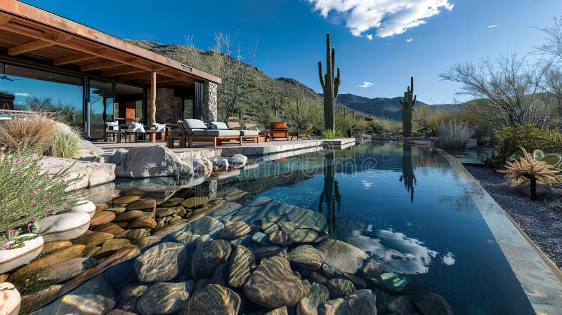 Luxurious Desert Home with Pool and Scenic Mountain Views Stock Photo ...