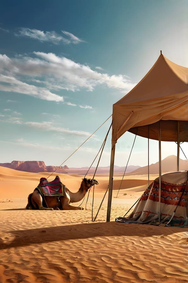 Luxurious Desert Scene with Camels and Tent Stock Illustration ...