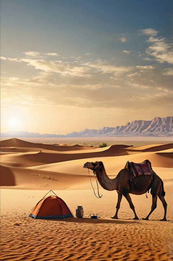 Luxurious Desert Scene with Camels and Tent Stock Illustration ...