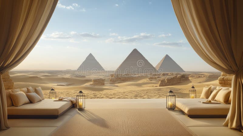Luxurious Desert View of the Pyramids from Elegant Tent Lounge Stock ...
