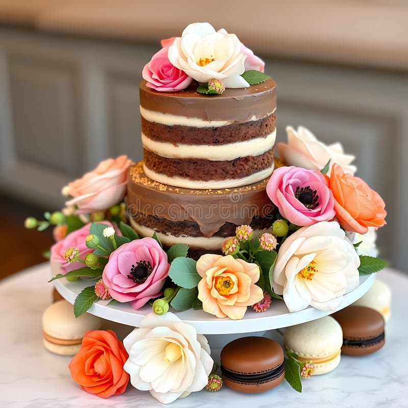 A Luxurious Dessert Display Featuring a Multi Layered Chocolate Cake ...