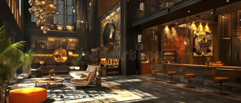 A Luxurious, Dimly Lit Lounge with a High Ceiling, Featuring Rich ...