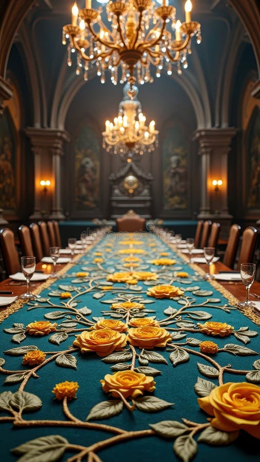 Luxurious Dining Hall with Ornate Chandelier and Elegant Floral Table ...