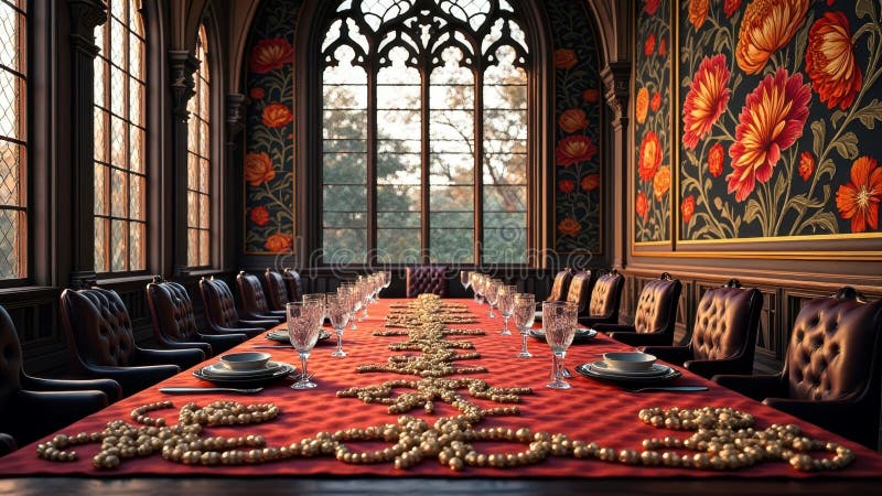 Luxurious Dining Hall with Ornate Table Setting and Floral Wall Art ...
