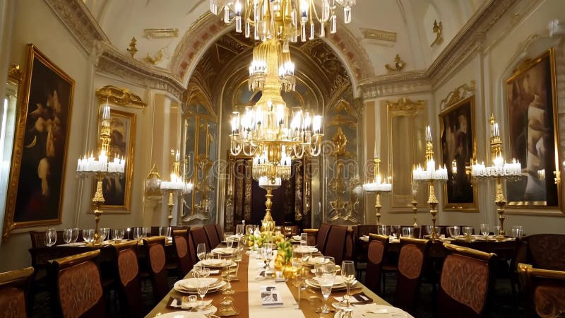 Luxurious Dining Room with Elegant Table Setting and Chandeliers in ...